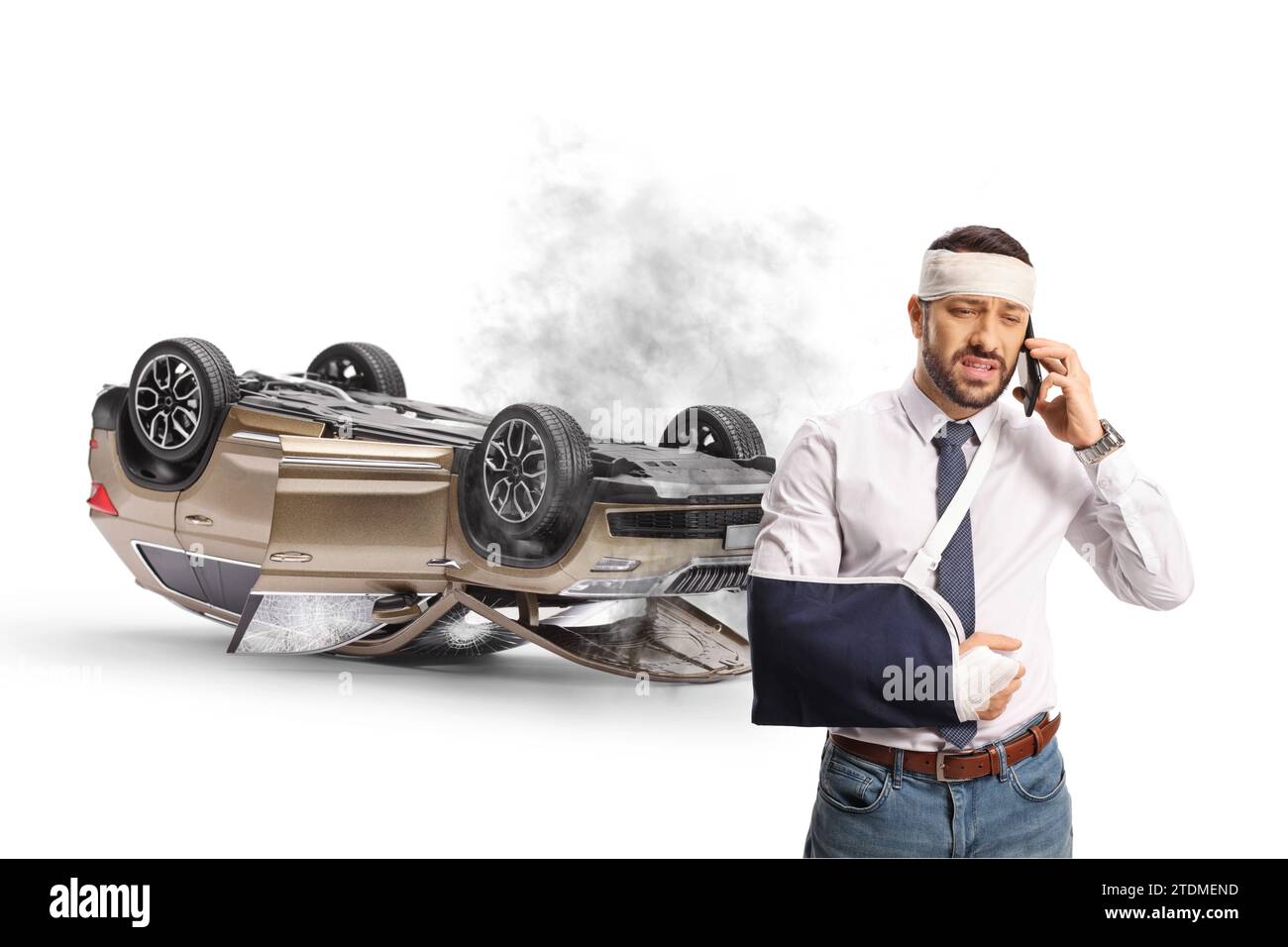 Injured man in a car accident calling road help service isolated on ...