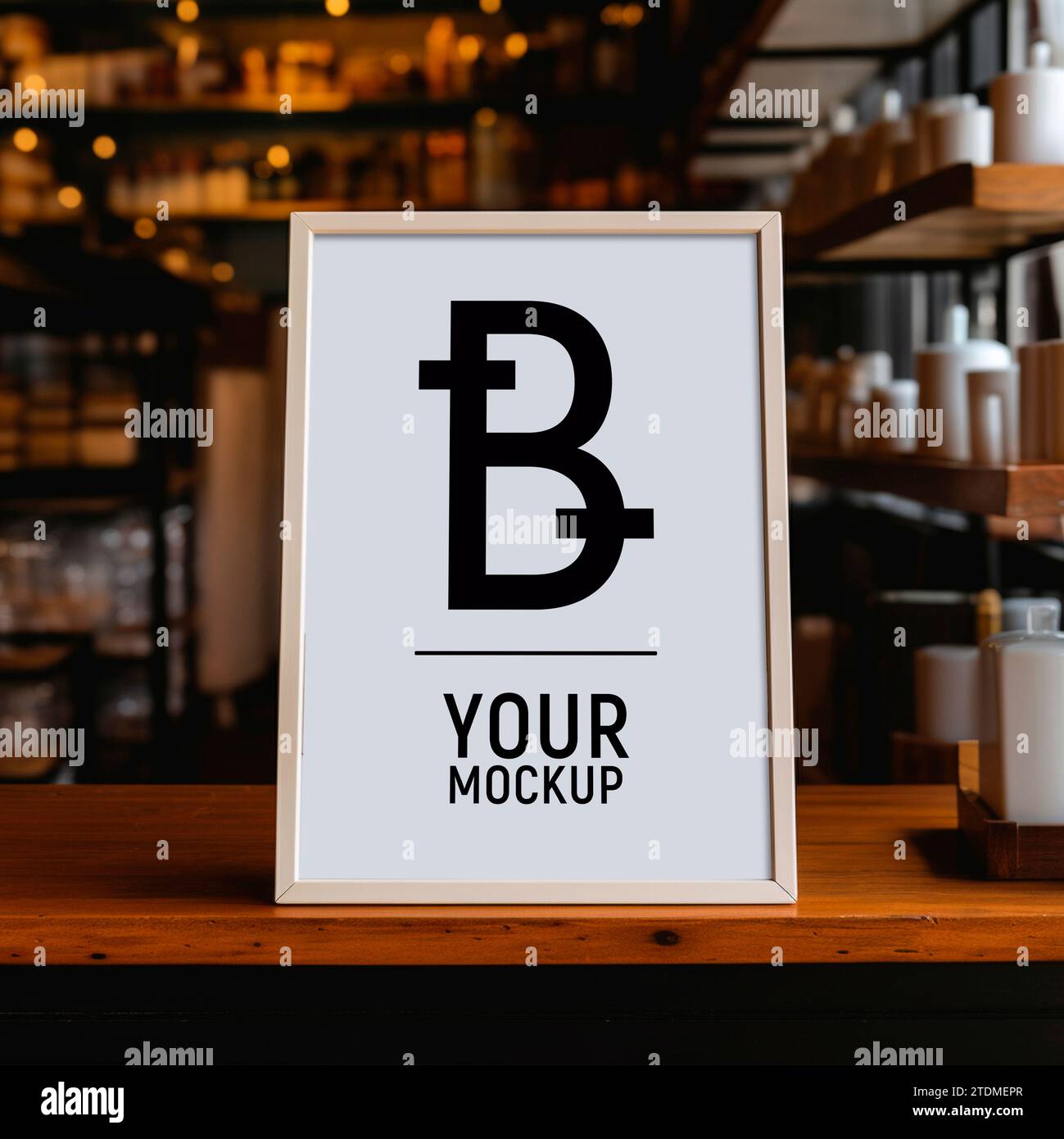 Mockup photo frame in vertical format on a table on a dark interior ...