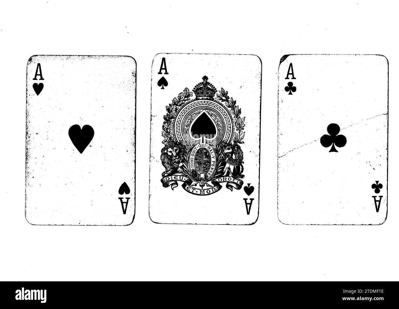 Vintage playing cards in black and white showing three aces isolated on ...