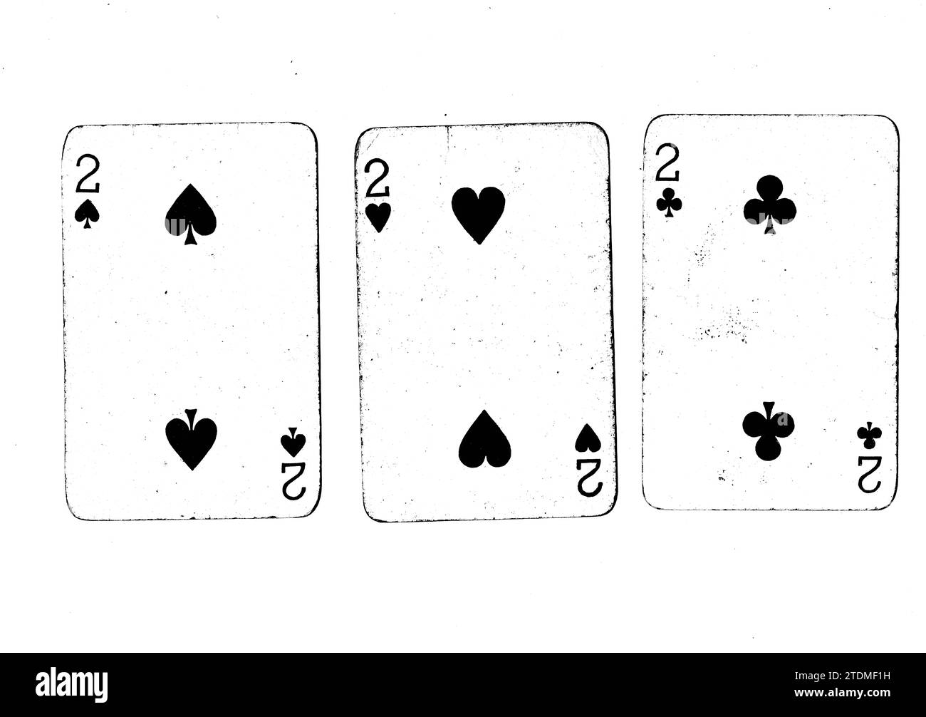 Vintage playing cards in black and white showing three twos isolated on ...
