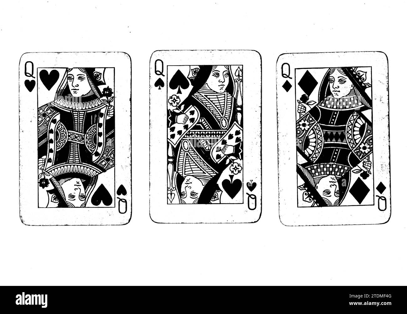Vintage playing cards in black and white showing three queens isolated ...