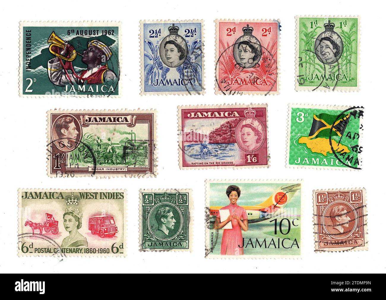 A montage of vintage postage stamps from Jamaica on a white background ...