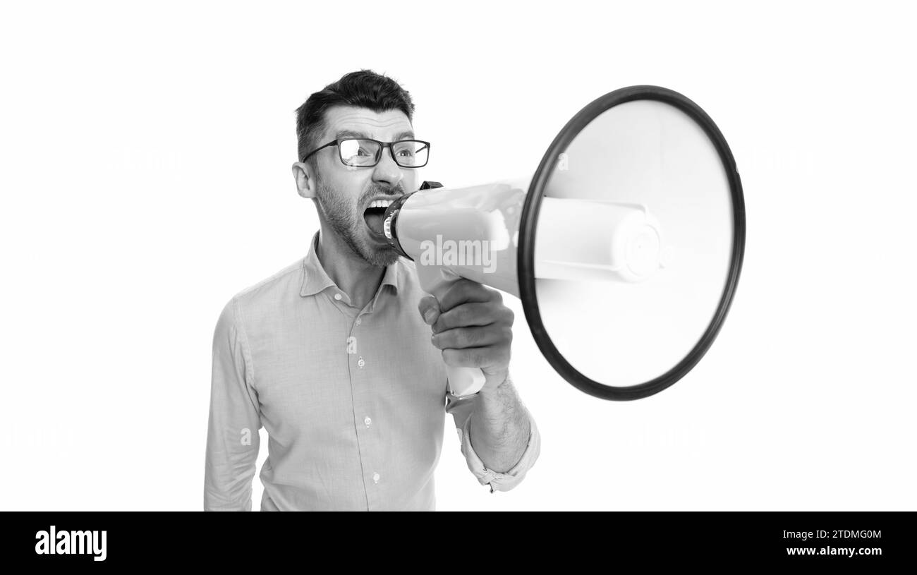 man announcing with anger in megaphone at studio. shouting man ...