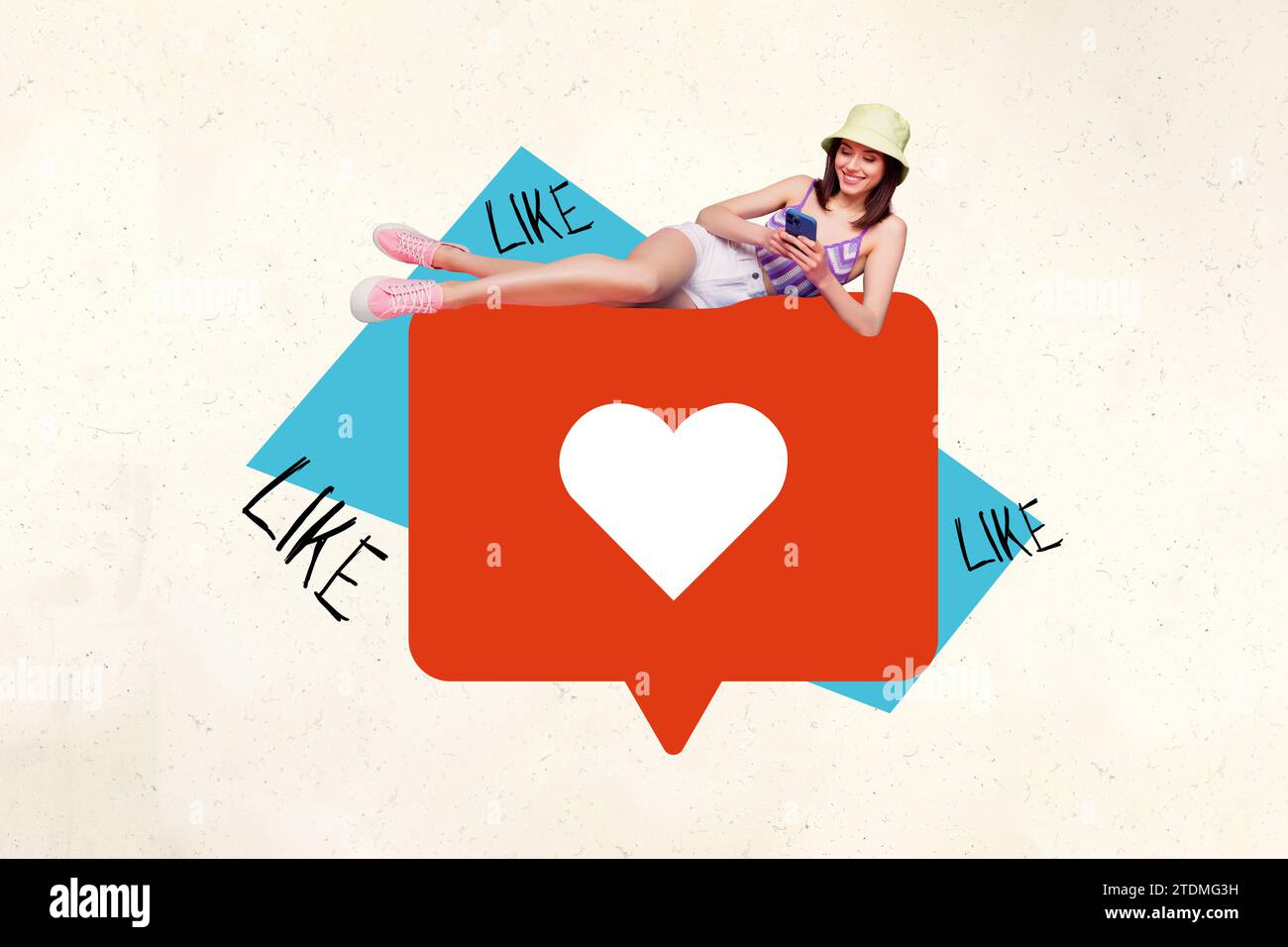 Creative collage illustration pretty smile young woman rest relax type ...