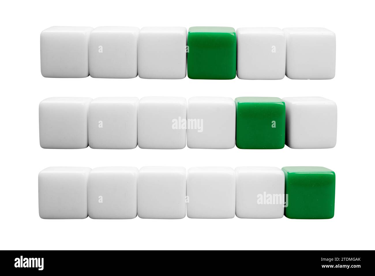Closeup view of a row of small cubes isolated over a white background ...