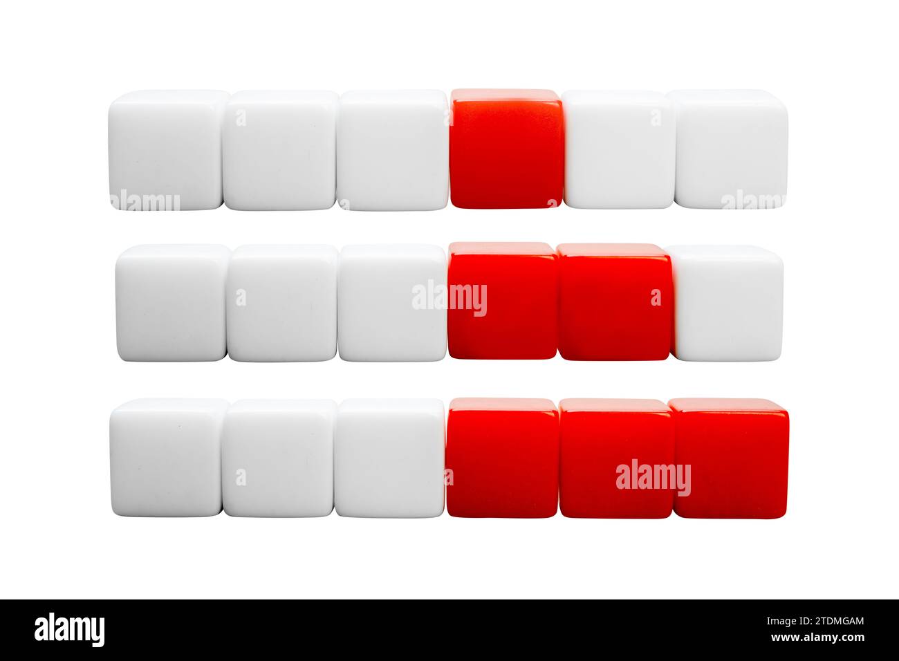 Closeup view of a row of small cubes isolated over a white background ...