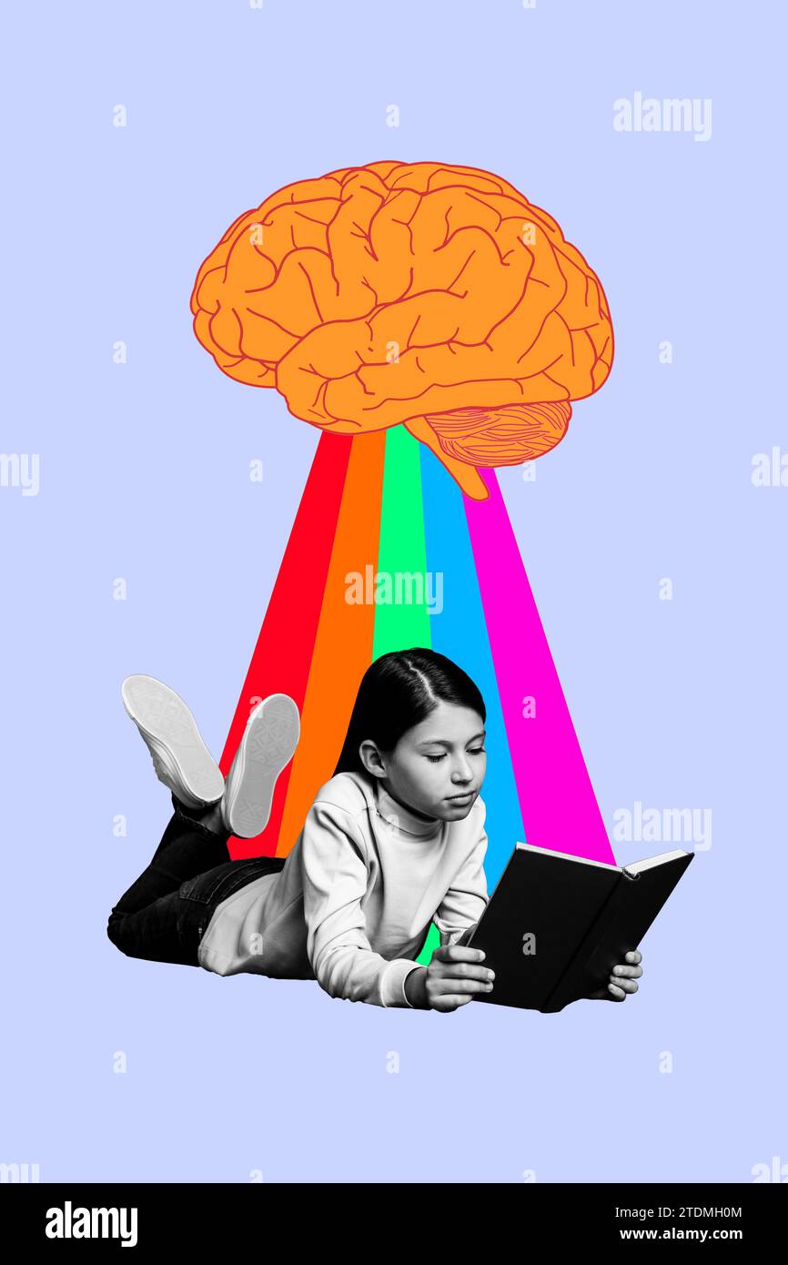 Vertical collage creative illustration small attentive girl read book ...