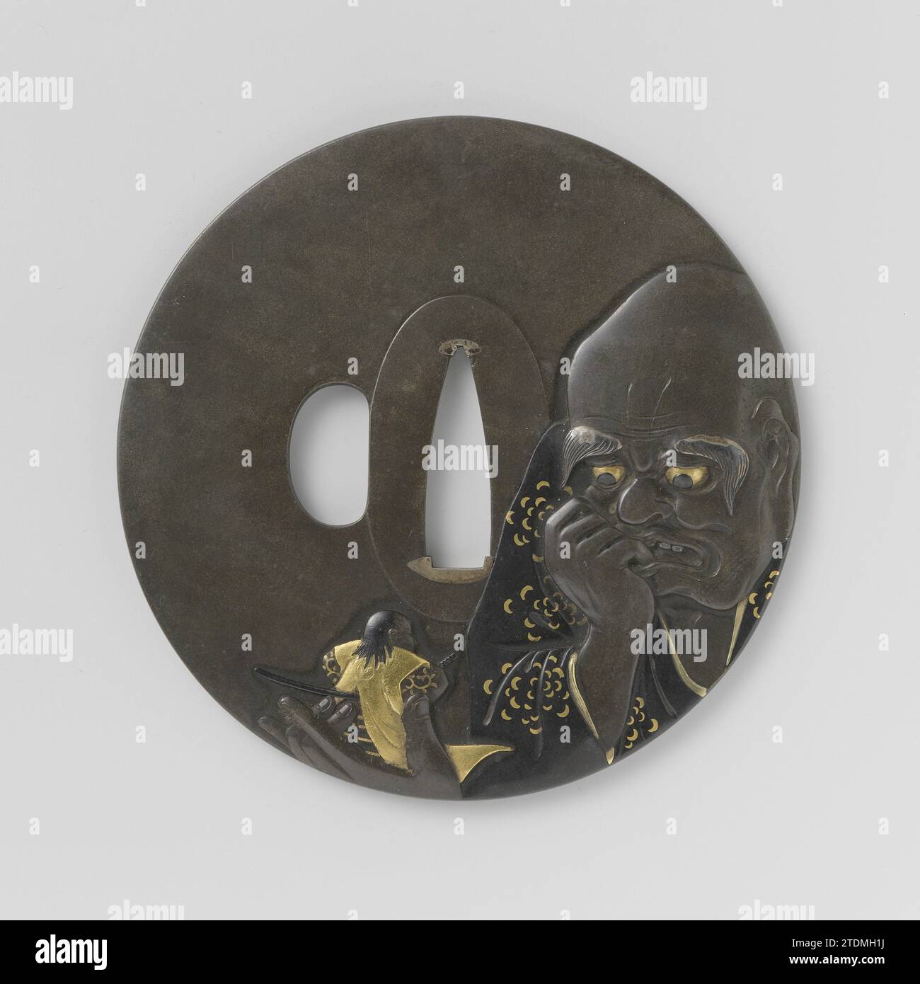 Hand Guard, Hata Nobuyoshi, 1800-1900 Round tsuba with a giant with ...