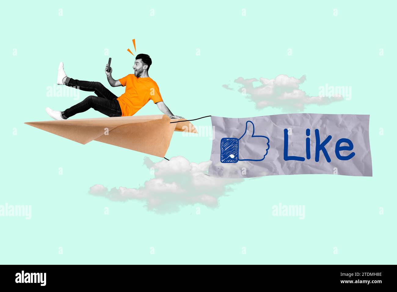 Horizontal surreal photo collage of young crazy blogger man fly on ...