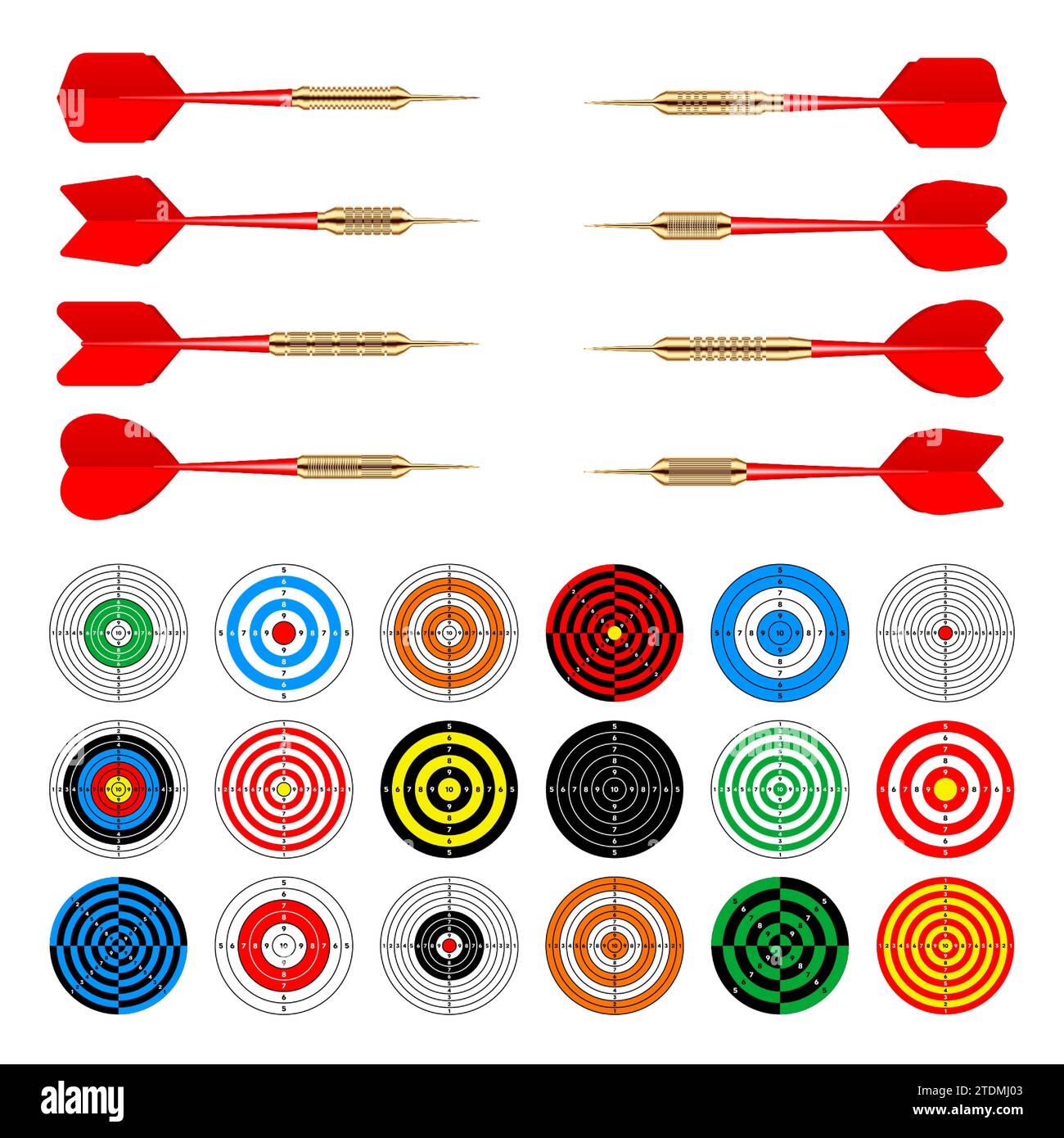 Paper targets with dart arrows. Shooting range round target, divisions ...