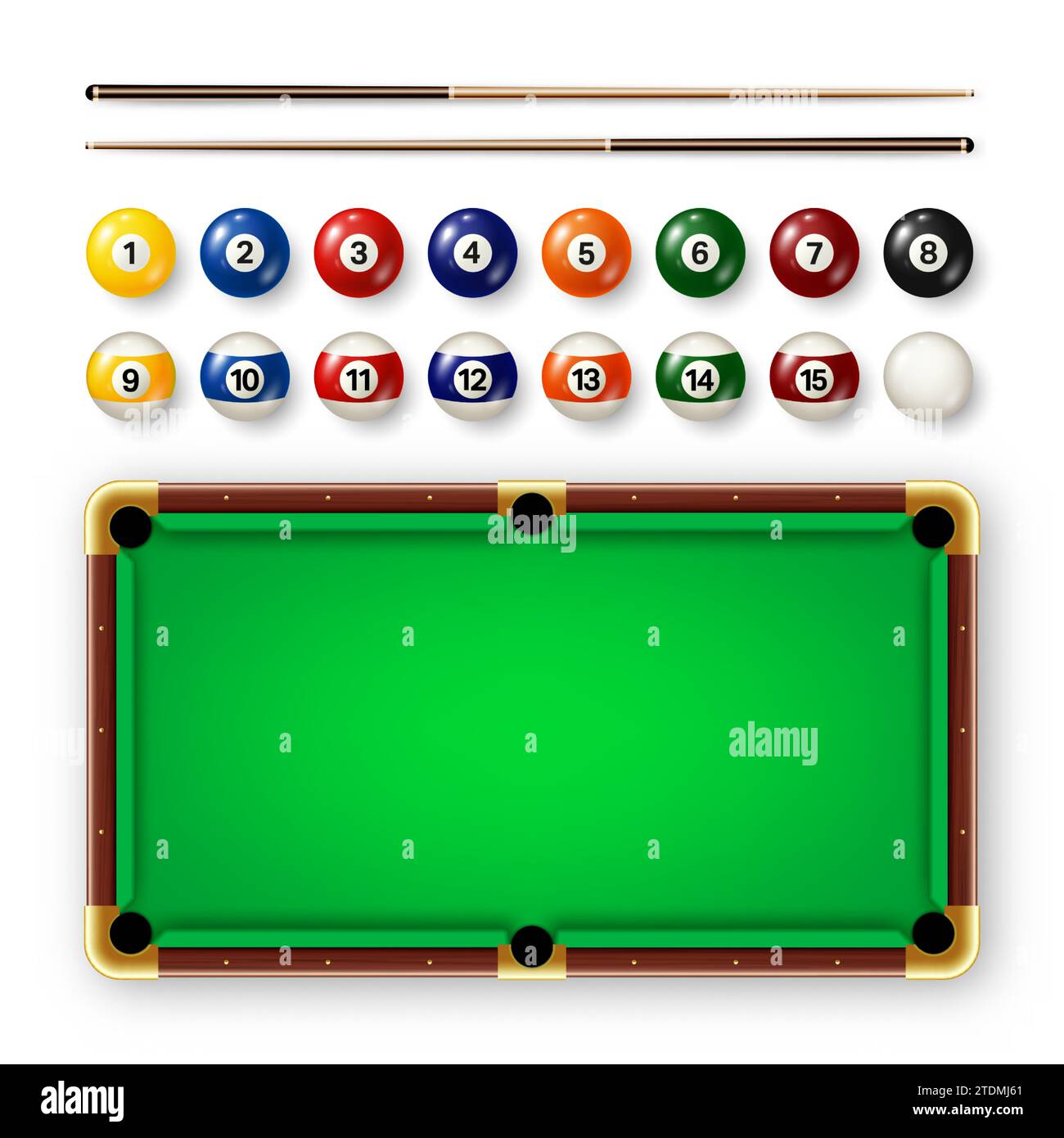Billiard balls with numbers, various cues and green pool table. Glossy ...