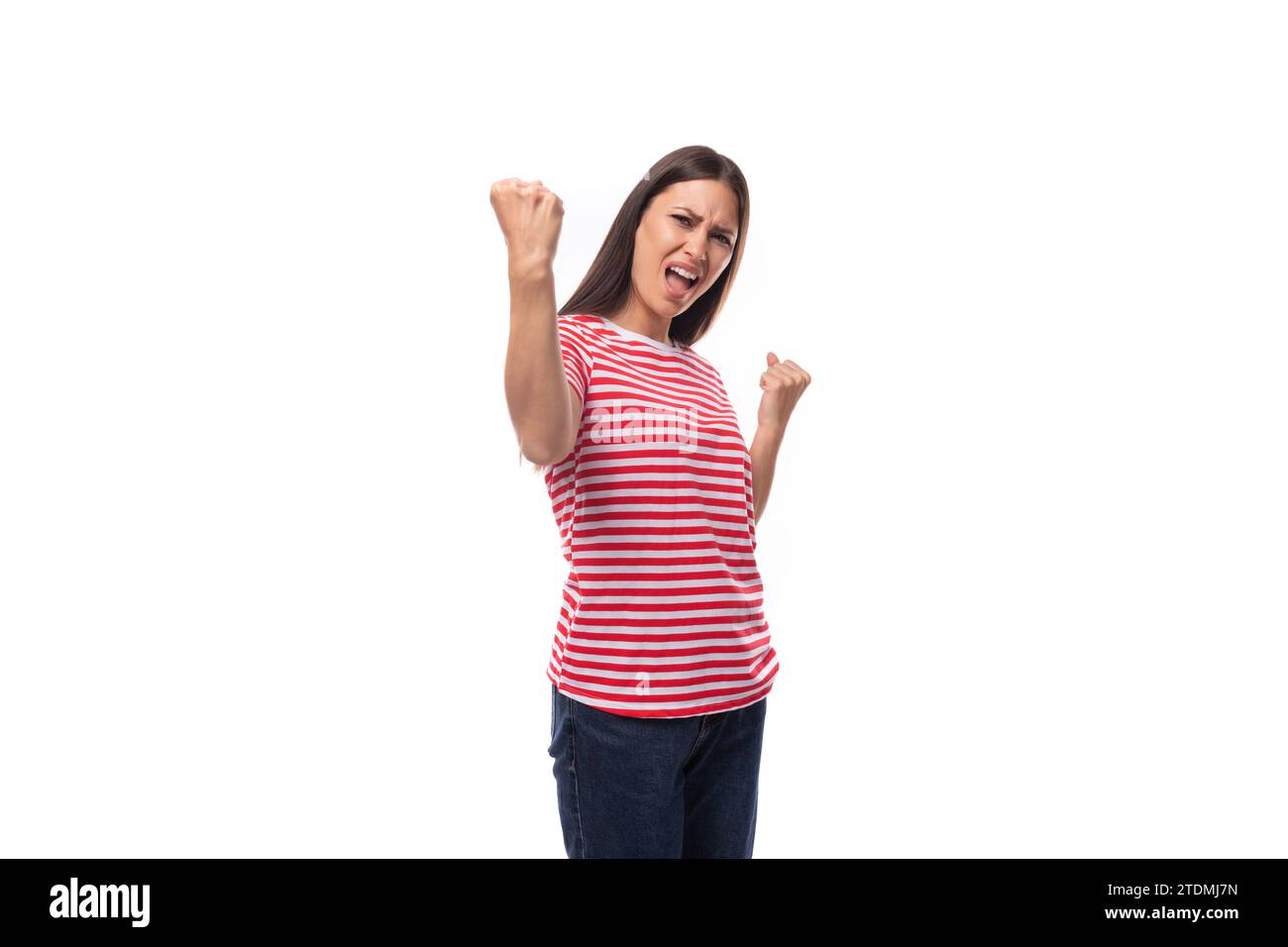 joyful pretty 35 year old european lady in a red striped t-shirt on a ...