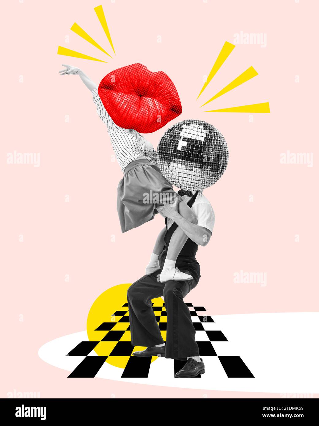 Couple, man and woman with lips and disco ball on head dancing over ...