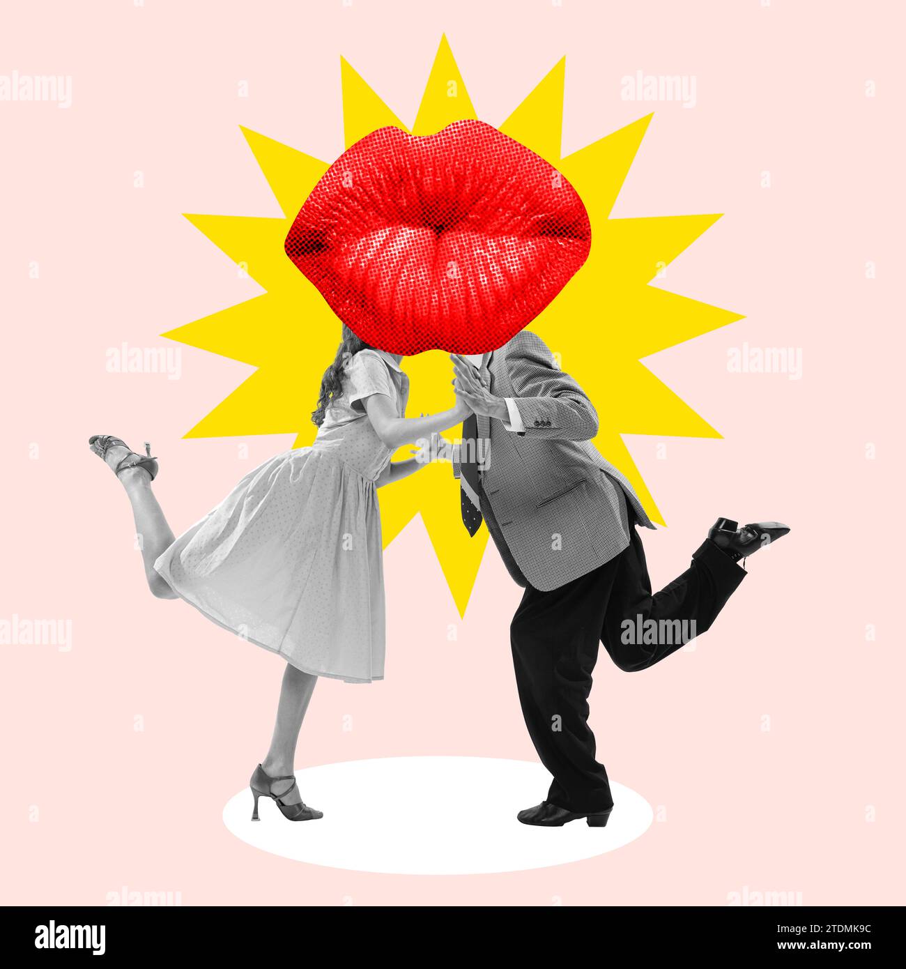 Kisses behind lips. Young couple dancing over light background ...