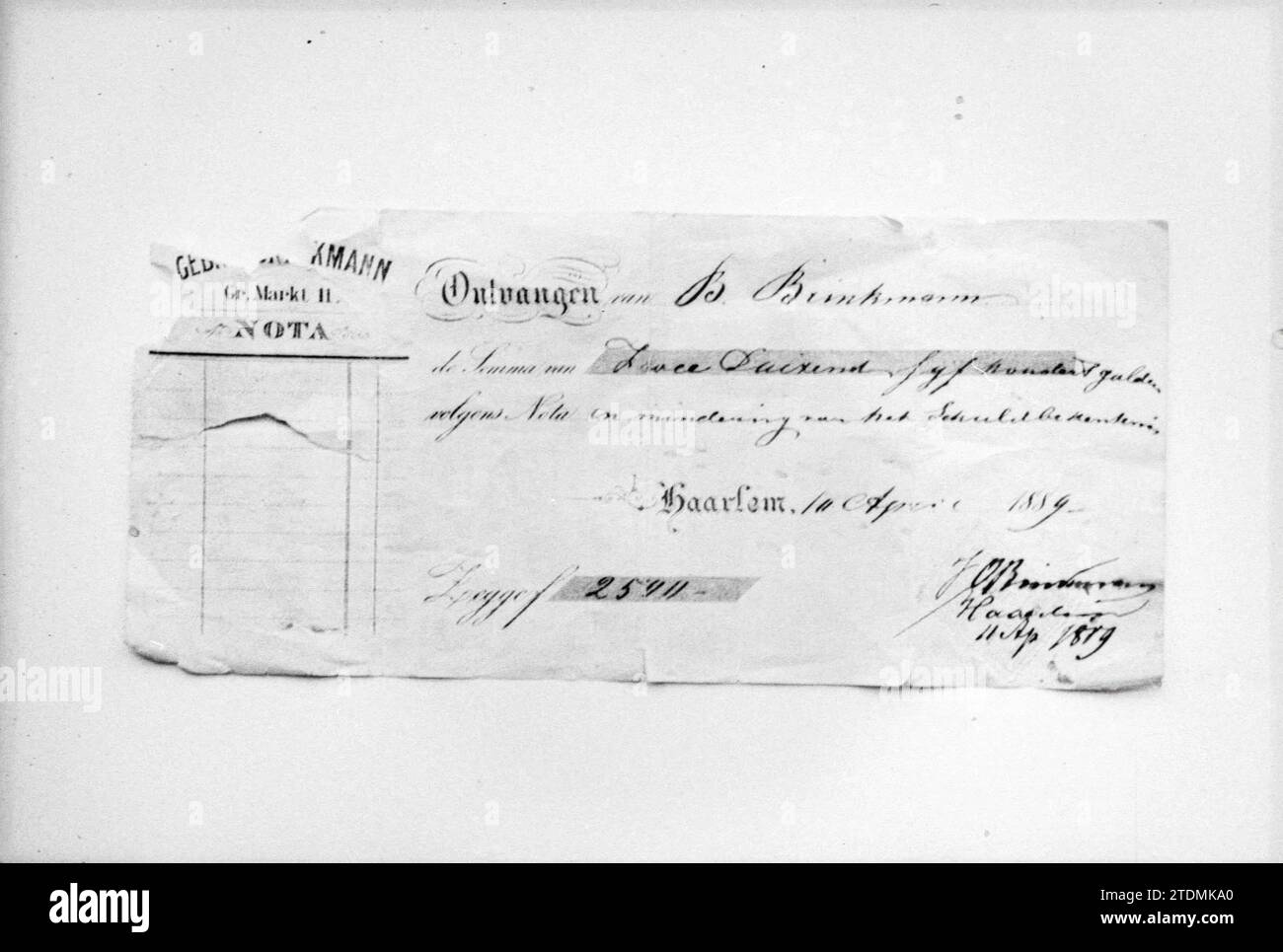 Receipt from 1819 for two thousand five hundred guilders in the name of ...
