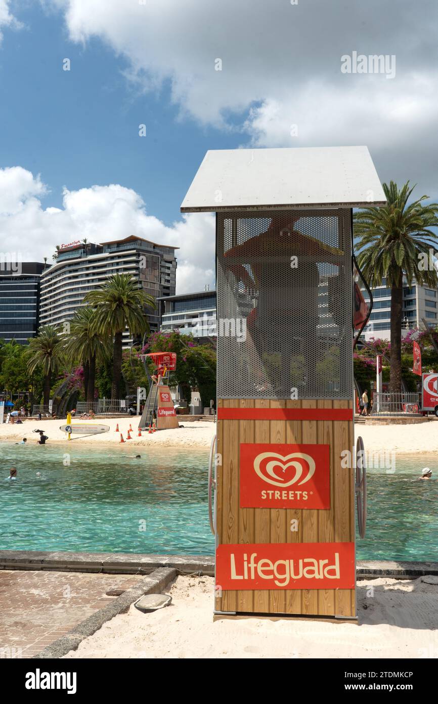Lifeguard tower at artificial beach, South Bank Parklands, Brisbane ...