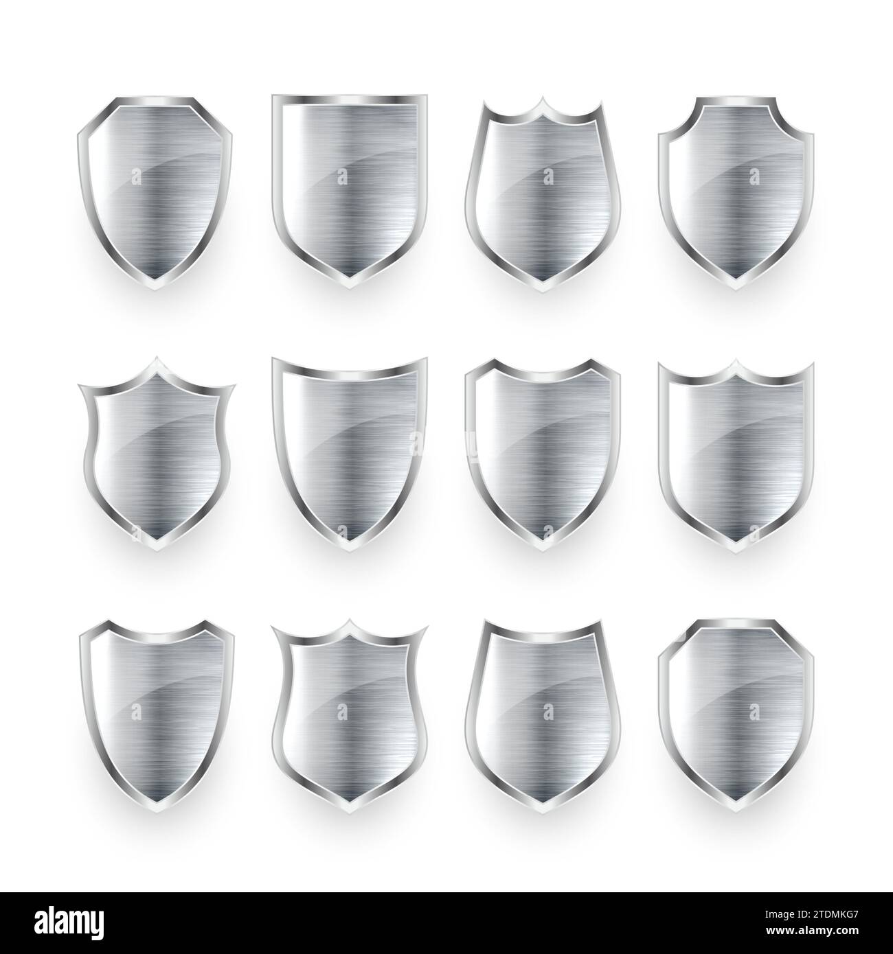 Set of various vintage 3d metal shield icons. Shiny steel heraldic ...