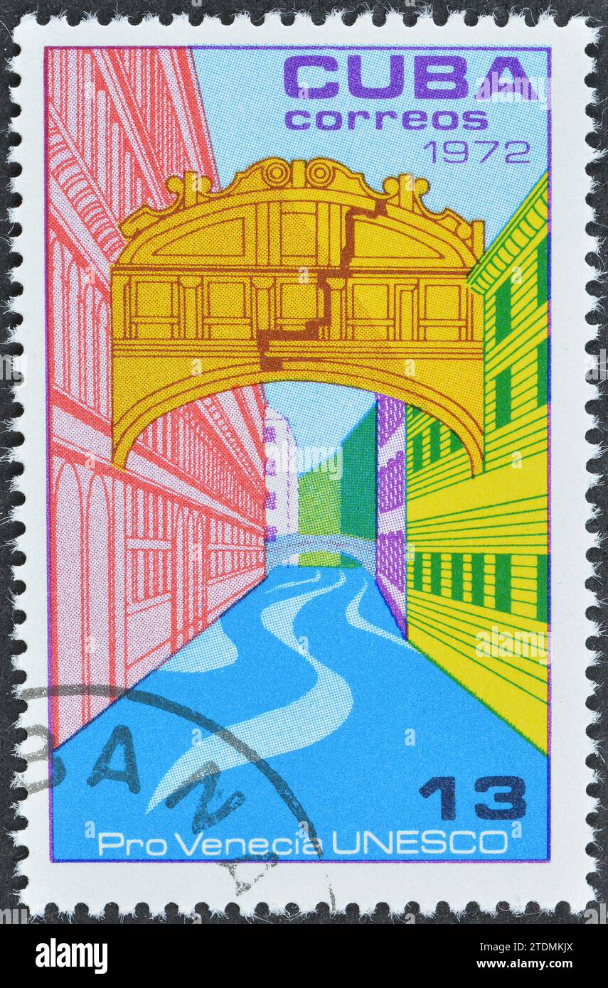Cancelled postage stamp printed by Cuba, that shows the Bridge of Sighs ...