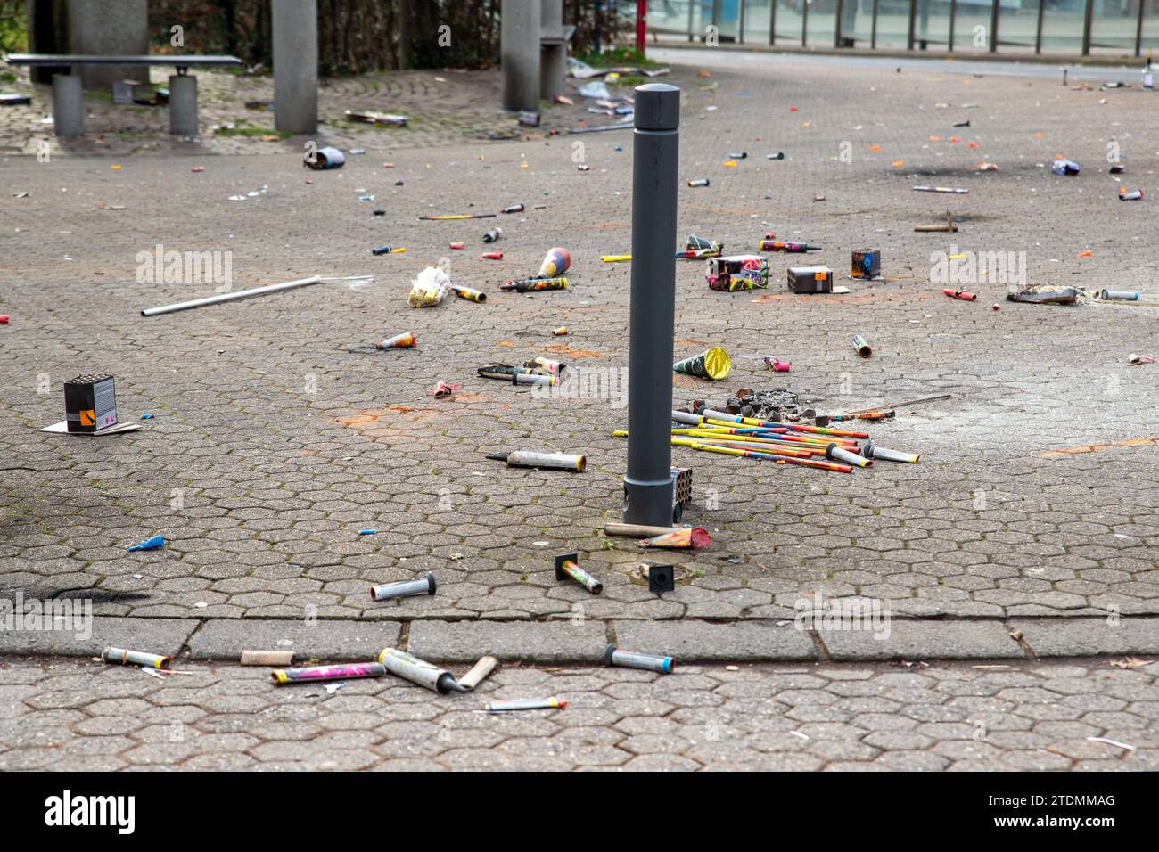 Fireworks rocket launcher box trash remains on german city street after ...