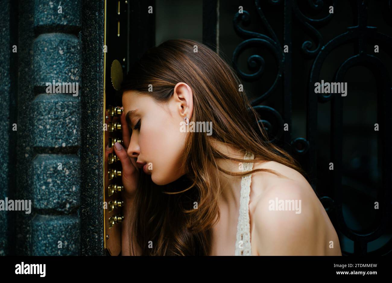 Sad pensive woman in depression. Self isolation. Home safety concept ...