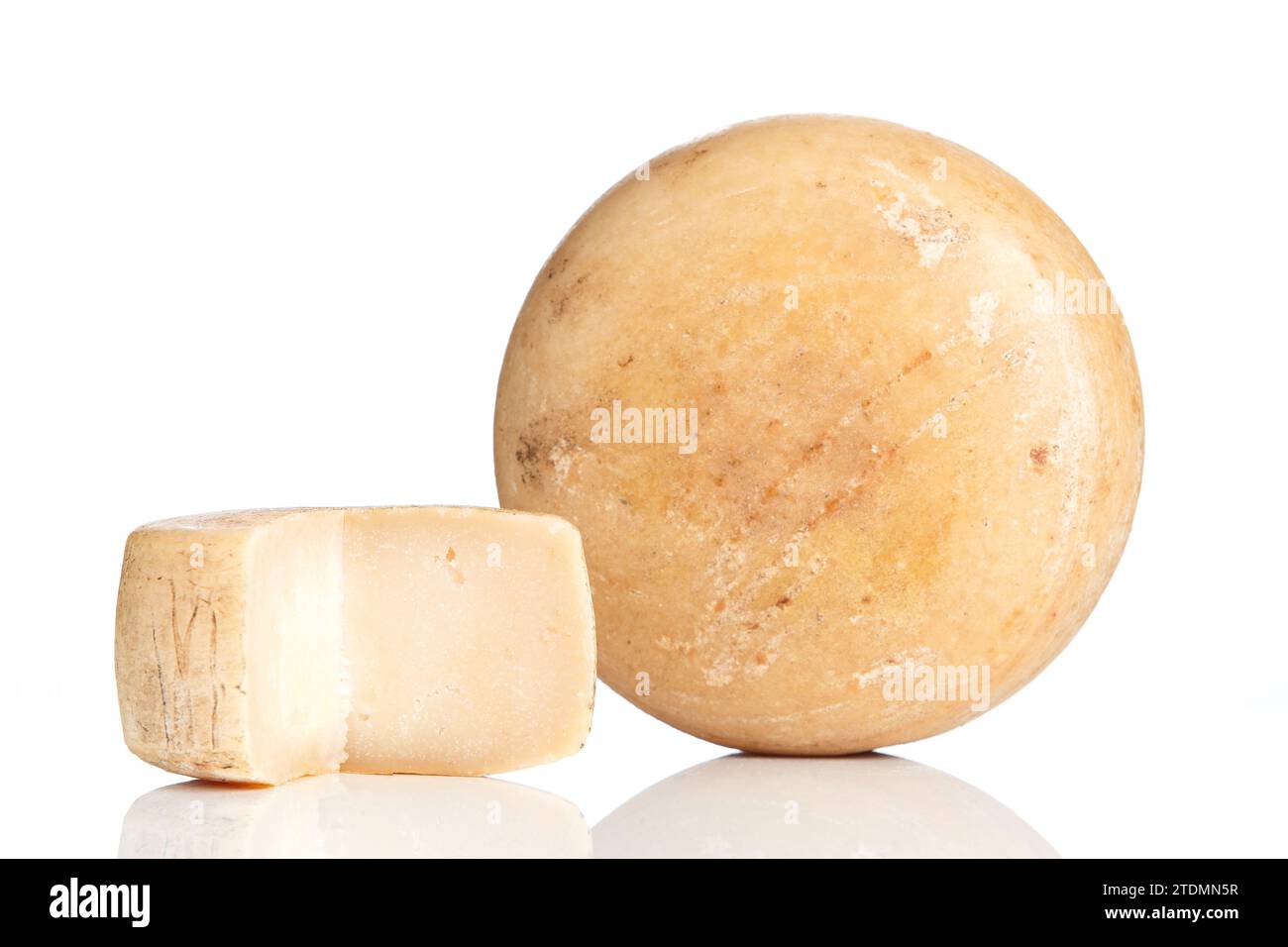 Artisanal and natural cured whole cheese. Isolated. On white background ...
