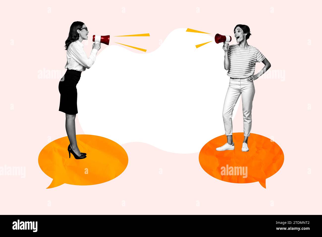 Horizontal surreal creative photo collage of two women stand on message ...