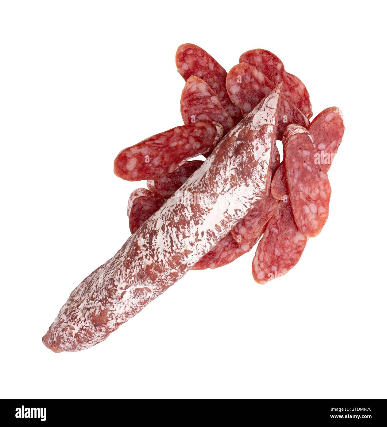 slices of salami isolated on white background with clipping path, concept of tasty food with ...