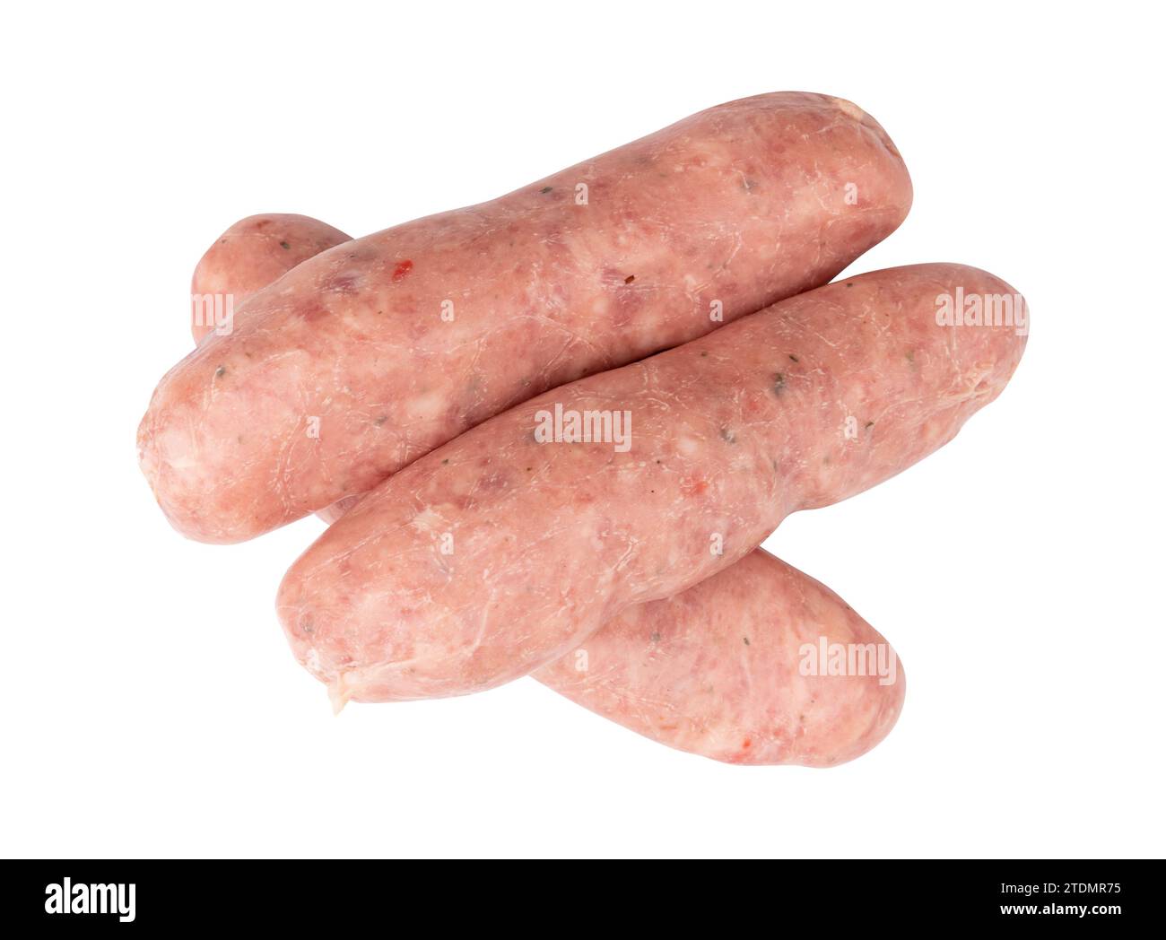 three uncooked pork sausages isolated on white background with clipping ...