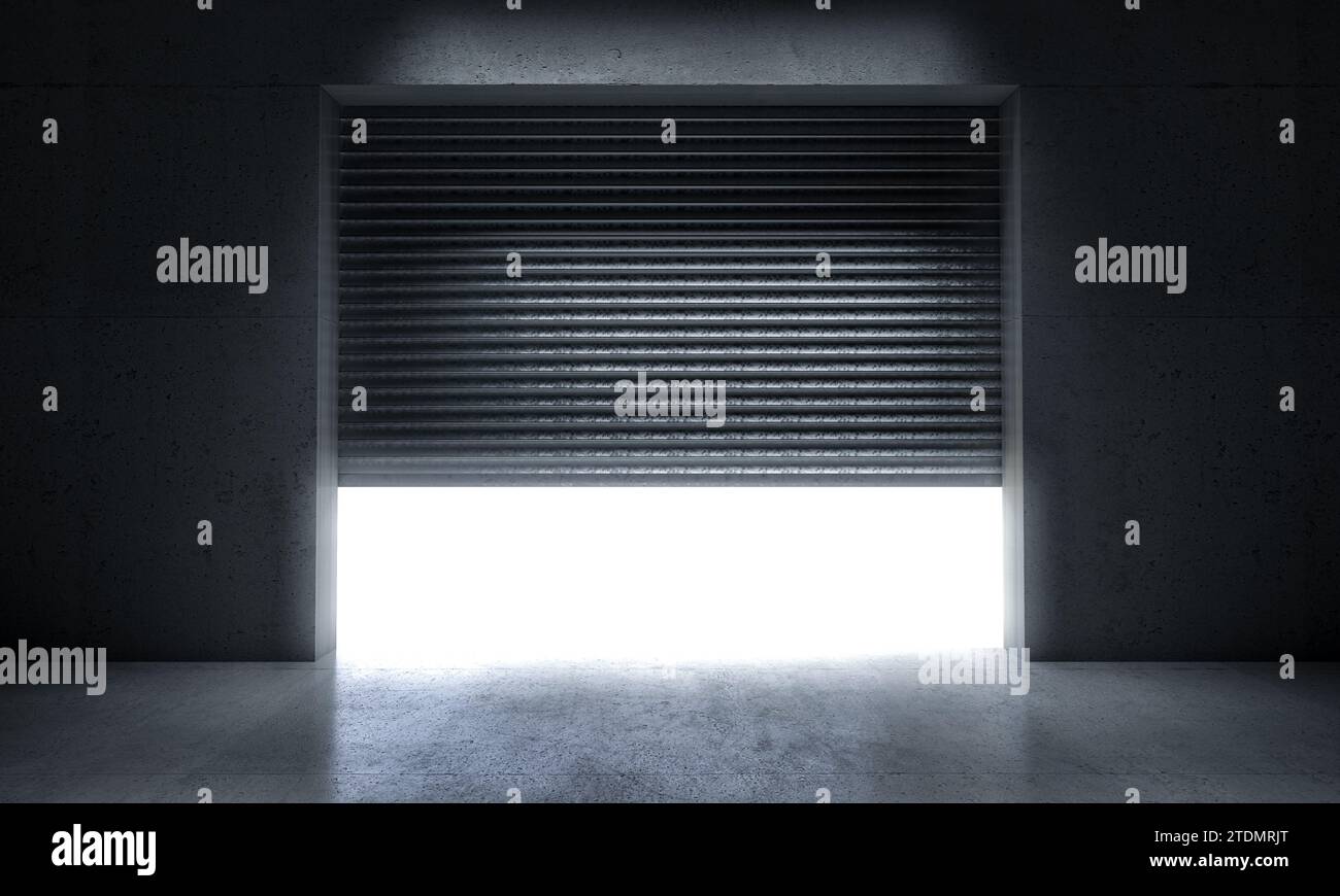 Garage entrance with metal shutter and concrete wall. 3d render Stock ...