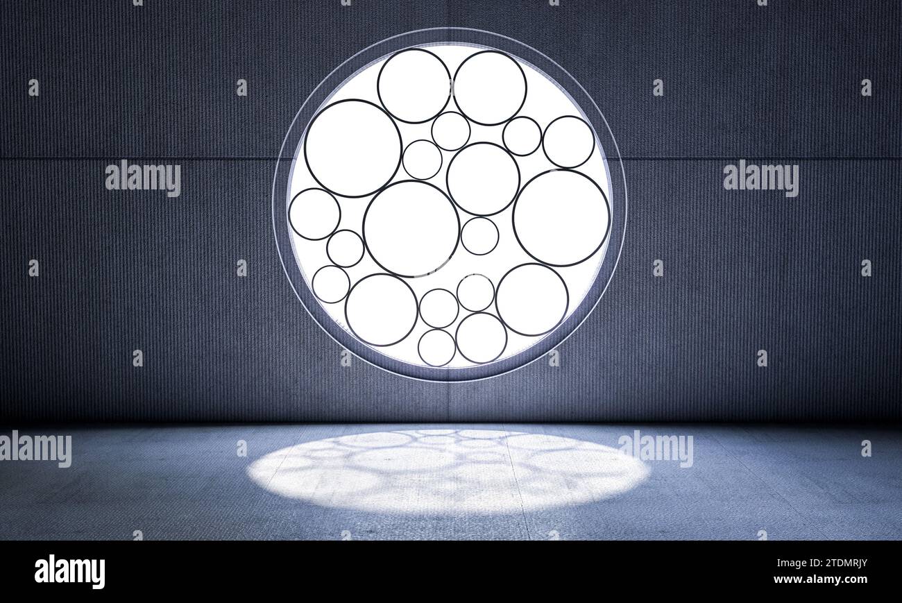 Circular window with concrete wall and circular pattern. 3d render ...
