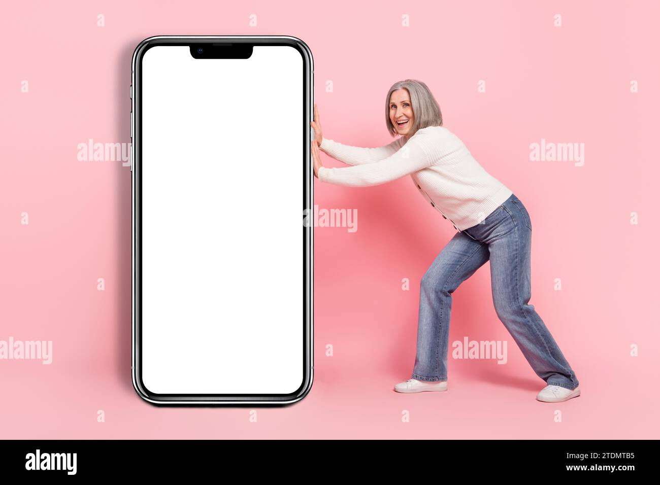 Full body photo of gorgeous mature grandma push telephone screen ...