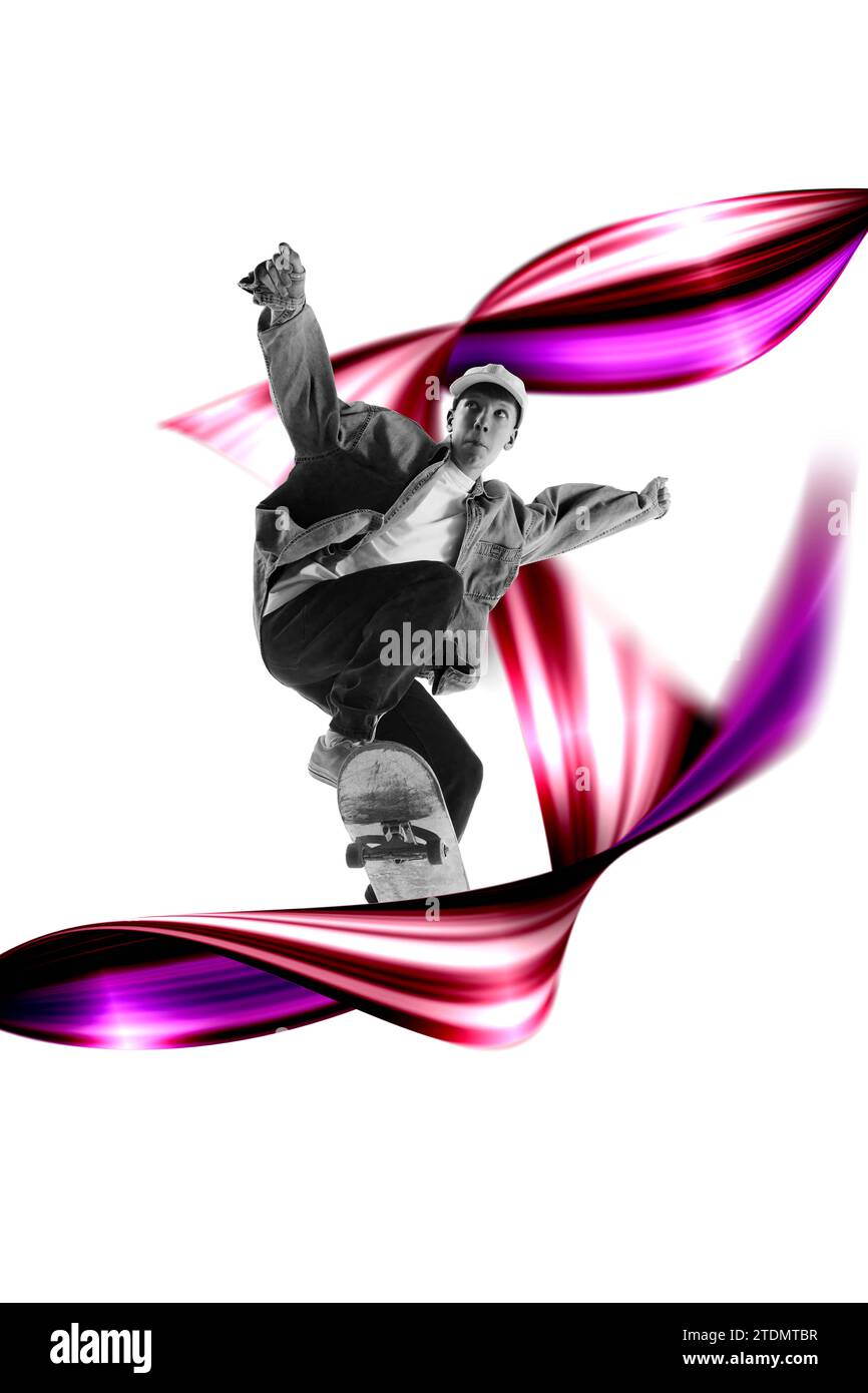 Teen boy, skateboarder in motion, training against white background ...