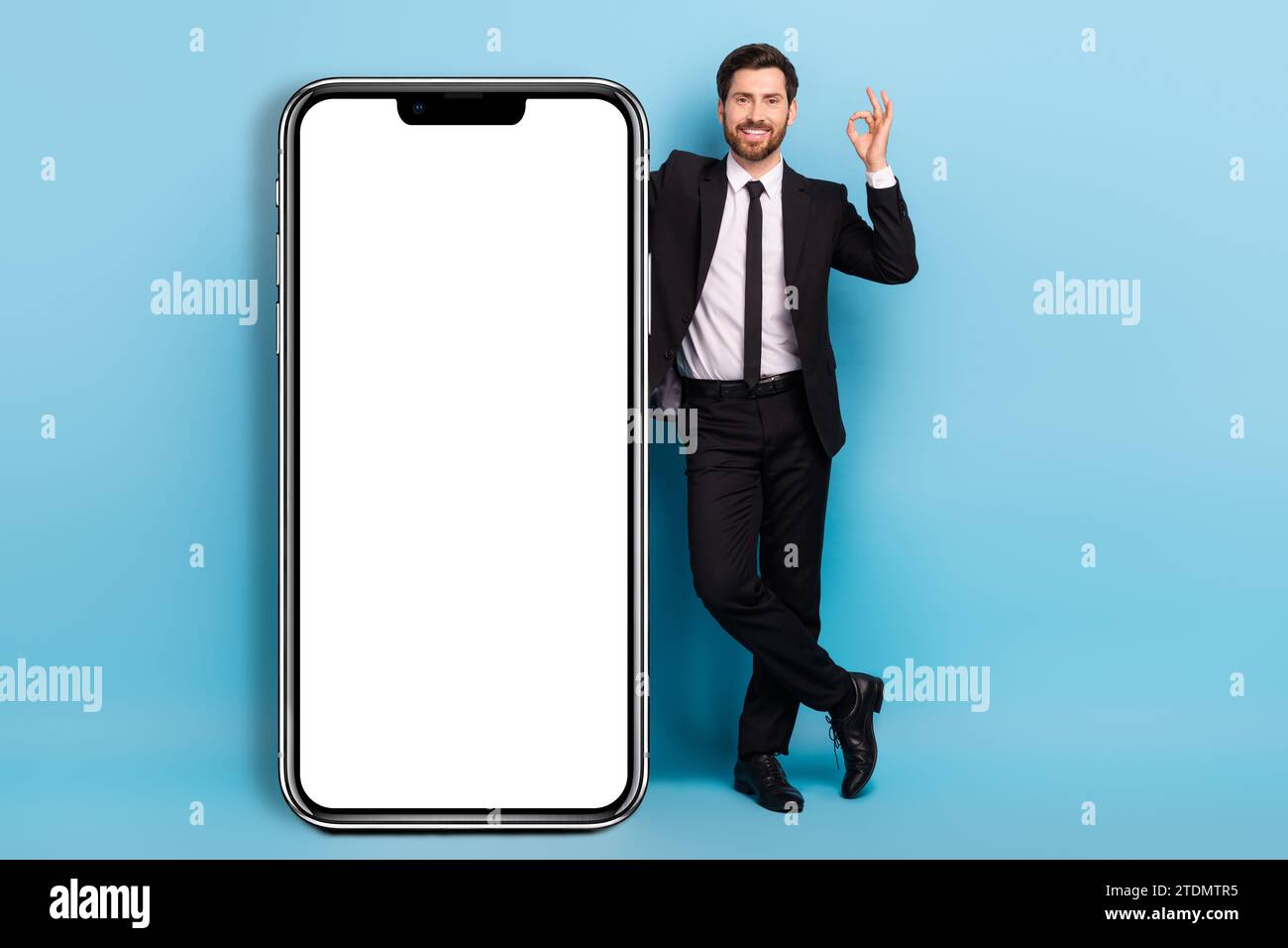 Full length photo of positive confident trader wear black tuxedo ...