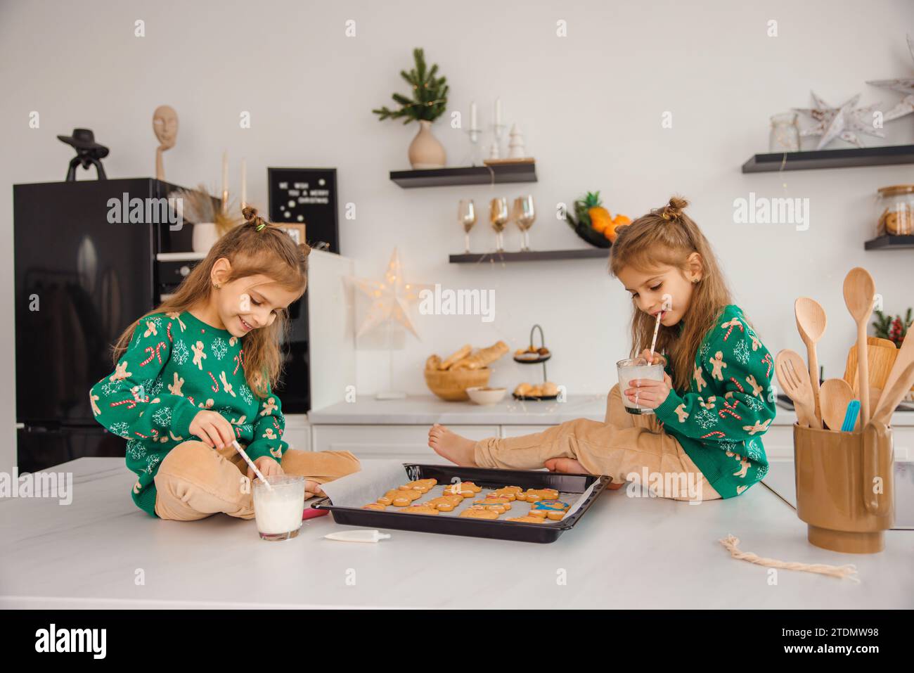 Two kids looking busy while cooking cookies in the kitchen Stock Photo ...