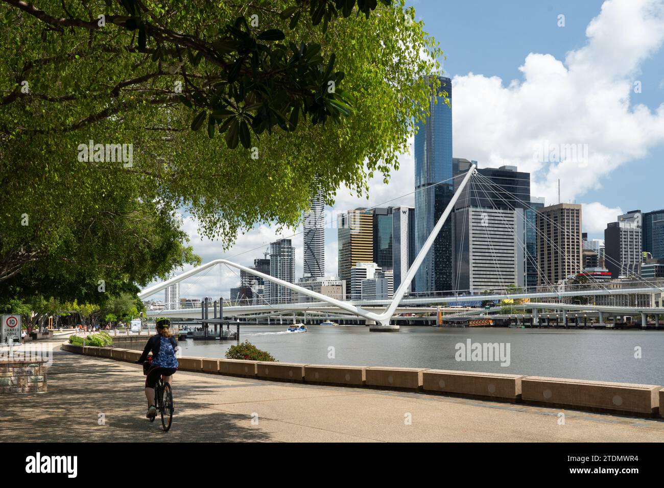 Cyclist riding along Clem Jones Promenade, South Bank Parklands ...