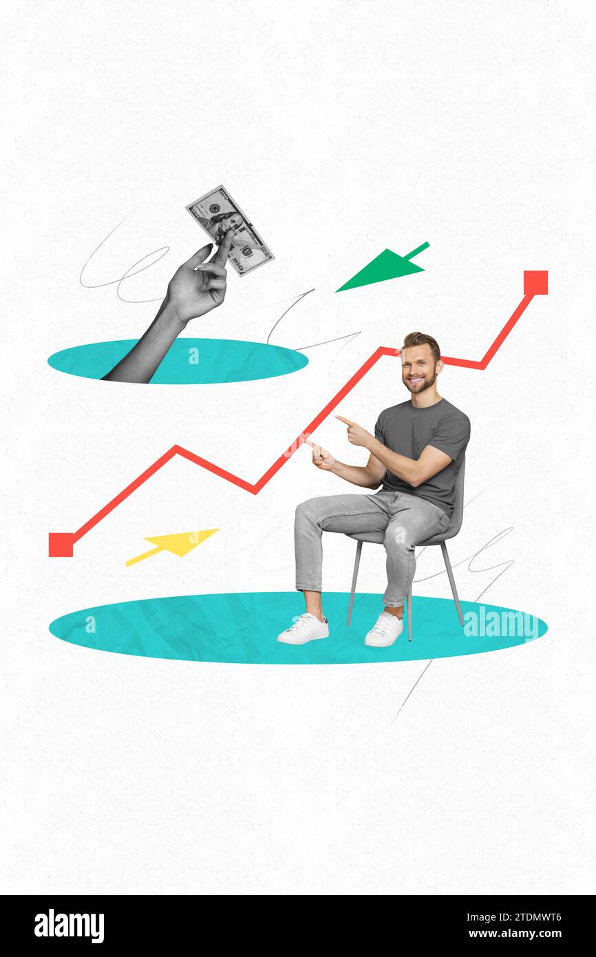 Vertical creative photo collage of young happy success guy sit on chair ...