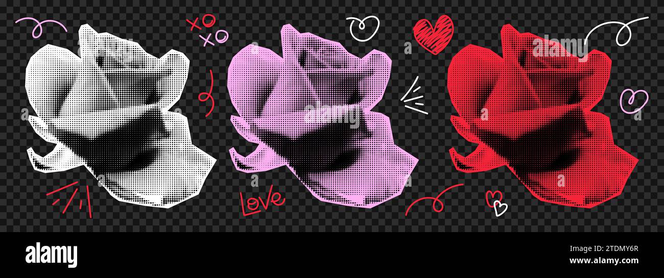 Rose halftone collage elements set vector illustration Stock Vector ...