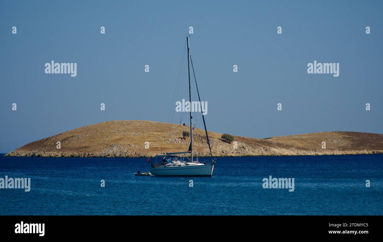 Luxury moto boats on blue sky and dark blue sea. Sailing and motor ...