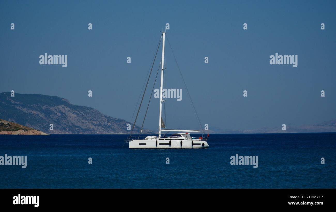 Luxury moto boats on blue sky and dark blue sea. Sailing and motor ...