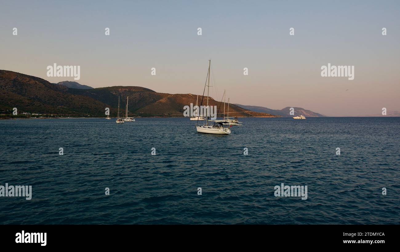 Luxury moto boats on blue sky and dark blue sea. Sailing and motor ...