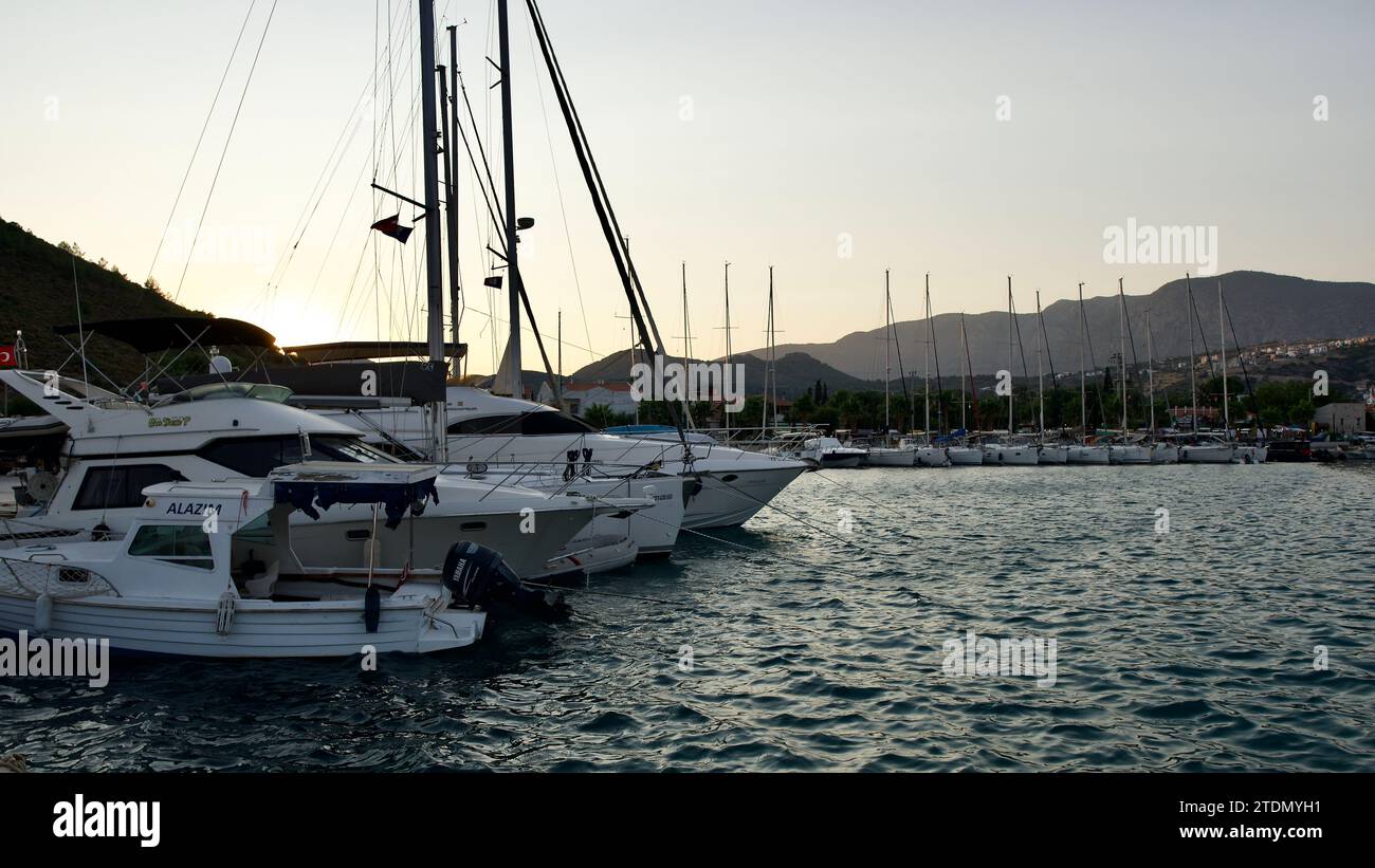 Palamutbuk, Muğla, TURKEY - 07 23, 2023: Boats anchored in the ports of ...