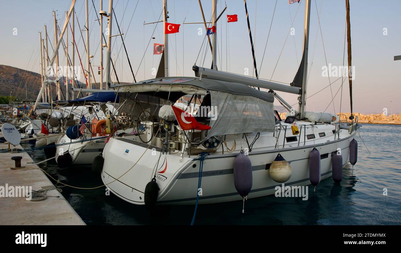 Palamutbuk, Muğla, TURKEY - 07 23, 2023: Boats anchored in the ports of ...