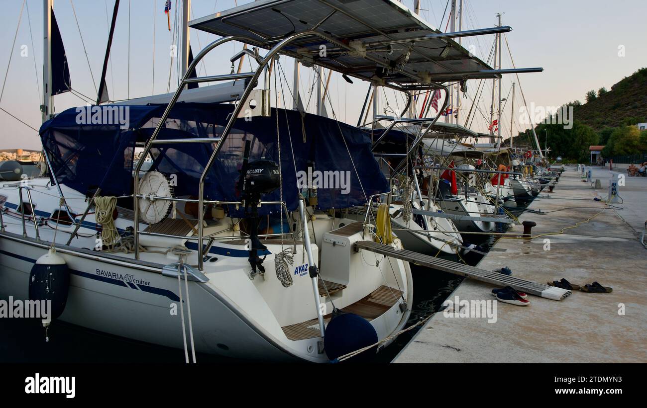 Palamutbuk, Muğla, TURKEY - 07 23, 2023: Boats anchored in the ports of ...