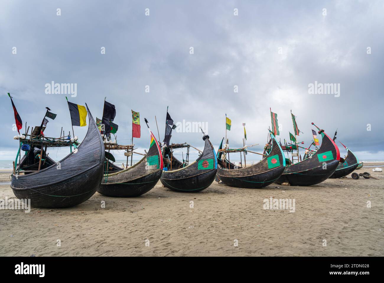 Scenic landscape view of row of traditional wooden fishing boats known ...