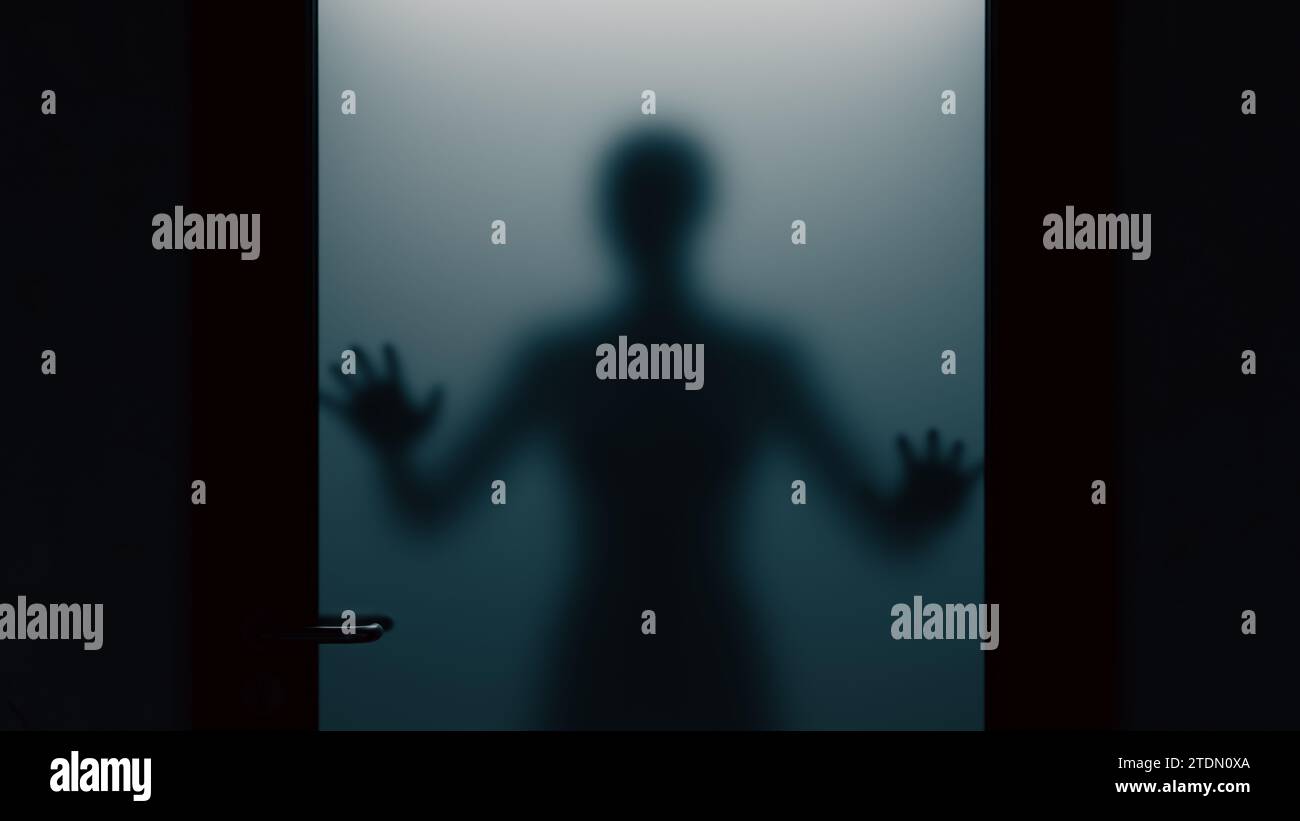 Terrified woman standing outside an opaque glass door, 3d rendering ... Terrified woman standing outside an opaque glass door, 3d rendering ...