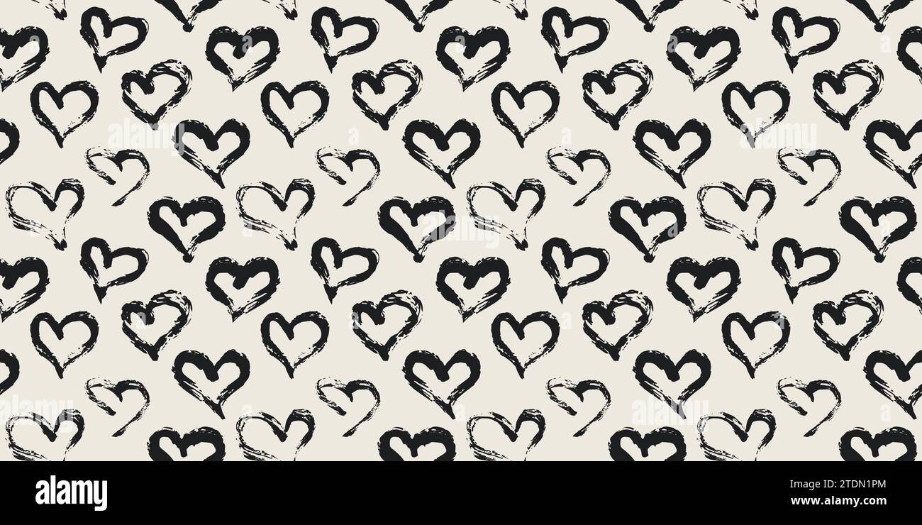 Seamless heart pattern hand painted with ink brush. Vintage style ...