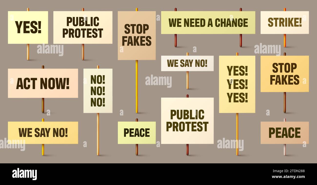 Colorful protest signs with slogan on wooden holder. Realistic vector ...