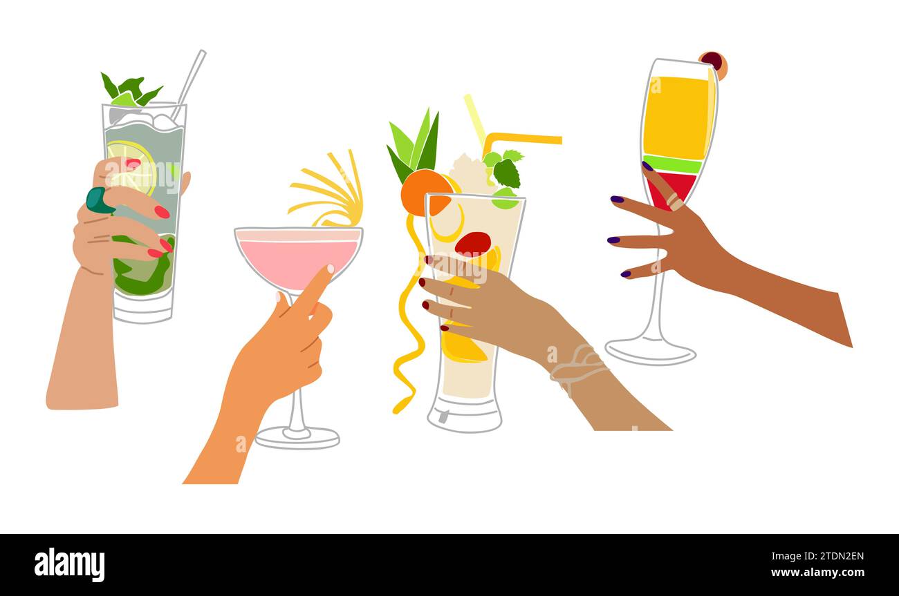 Set of Different hands holding cocktails vector Stock Vector Image ...