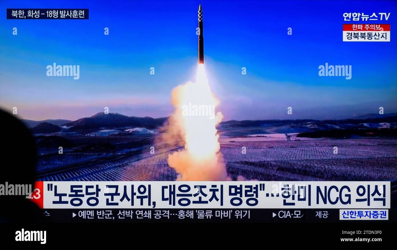 Seoul, South Korea. 19th Dec, 2023. A TV at Yongsan Railway Station shows North Korea's fired ...