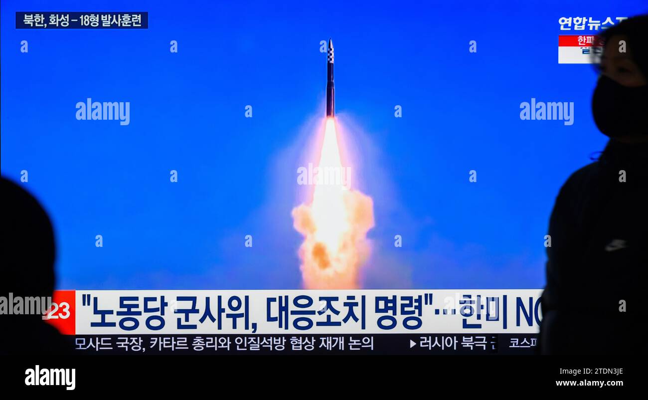 A TV at Yongsan Railway Station shows North Korea's fired Hwasong-18 solid-fuel intercontinental ...